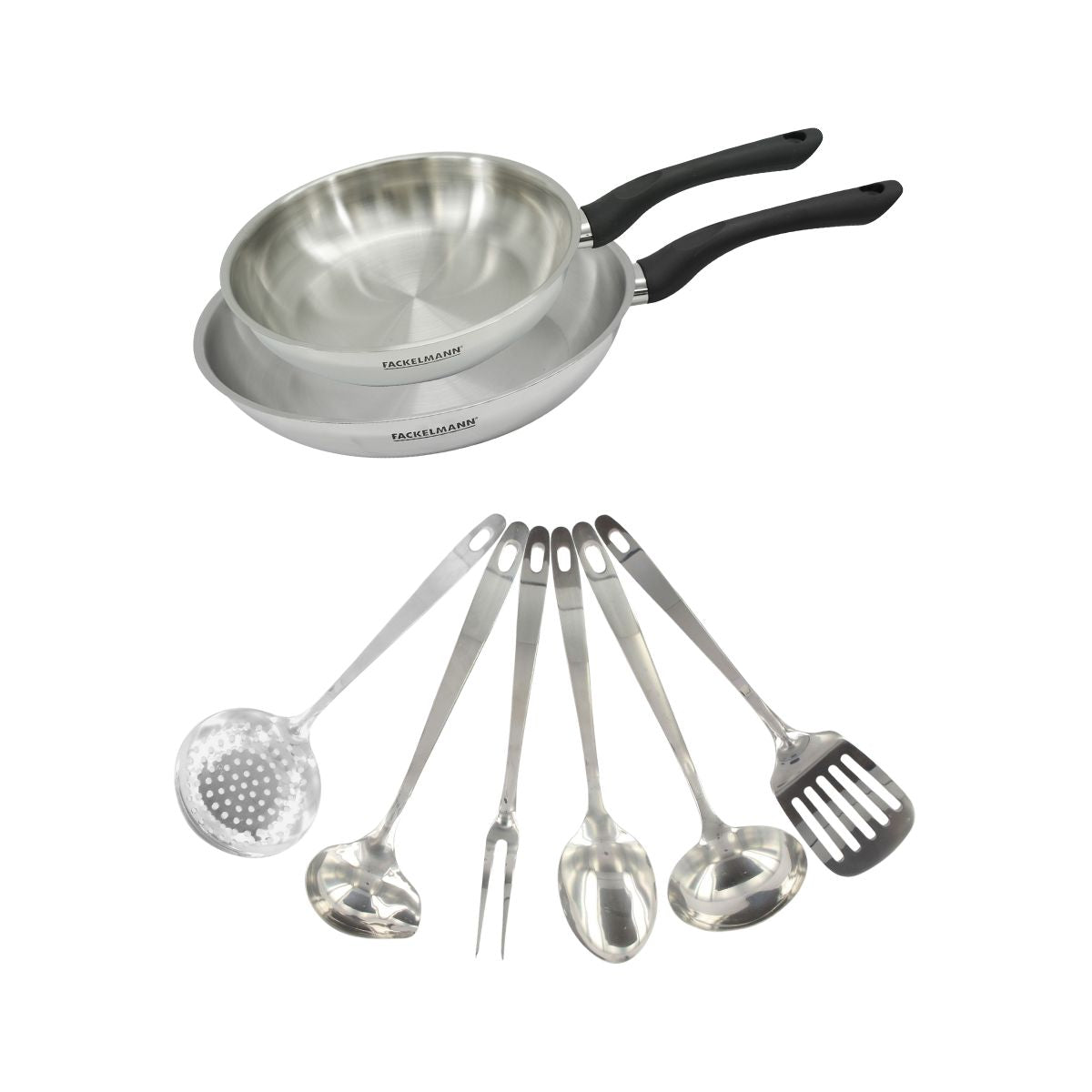 Set 2 poêles 24 et 28 cm en inox et 6 ustensiles inox Fackelmann Geneva