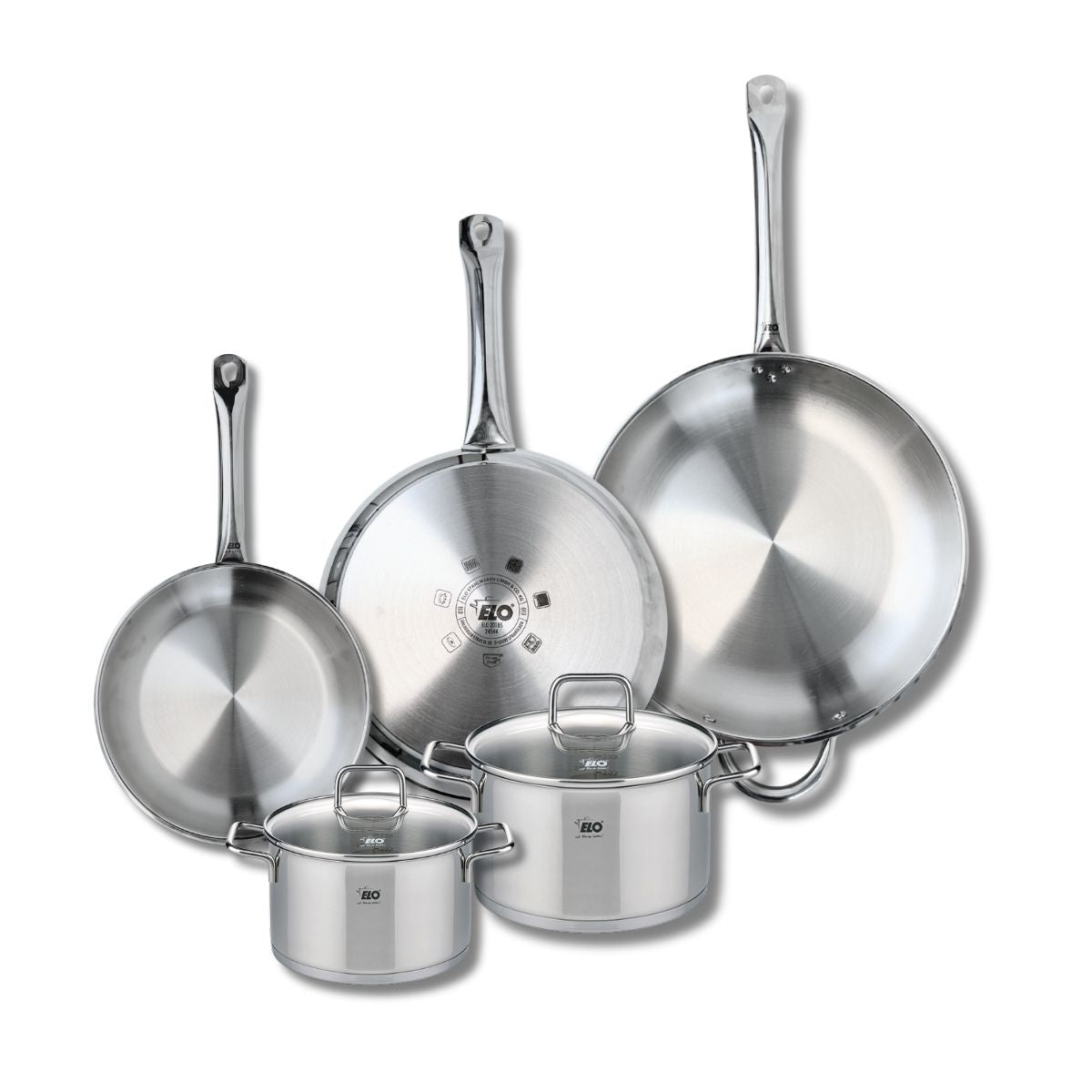 Ensemble de 3 Poêles de cuisson 24, 28 et 32 cm et 2 faitouts 16 et 20 cm Elo Profi Citrin