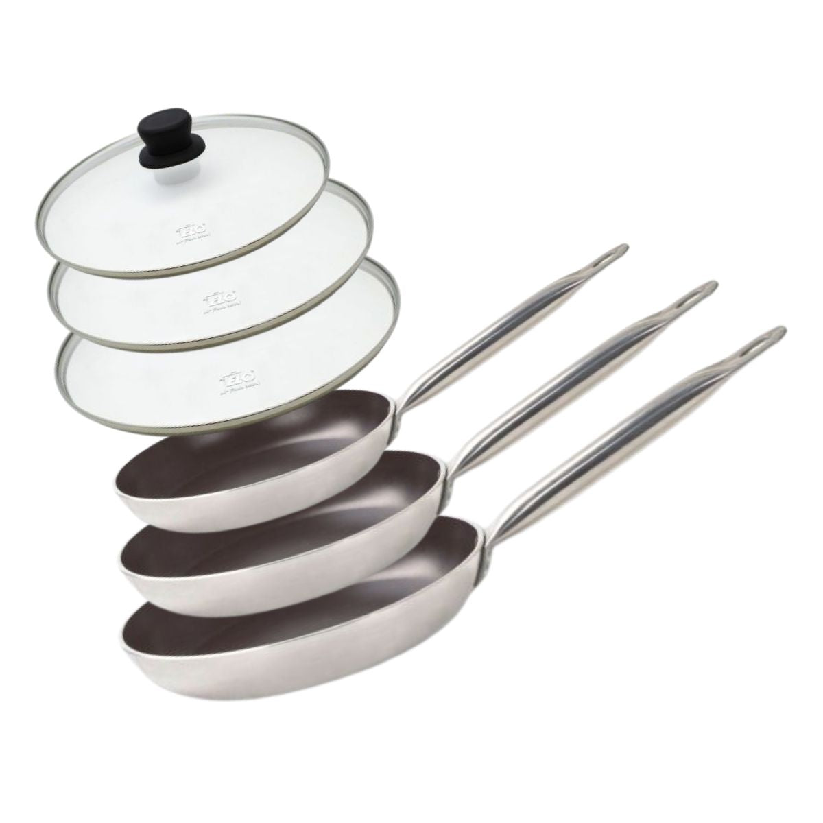 Set de 3 Poêles de cuisson avec revêtement céramique sans PFAS et couvercles de cuisson en verre ...