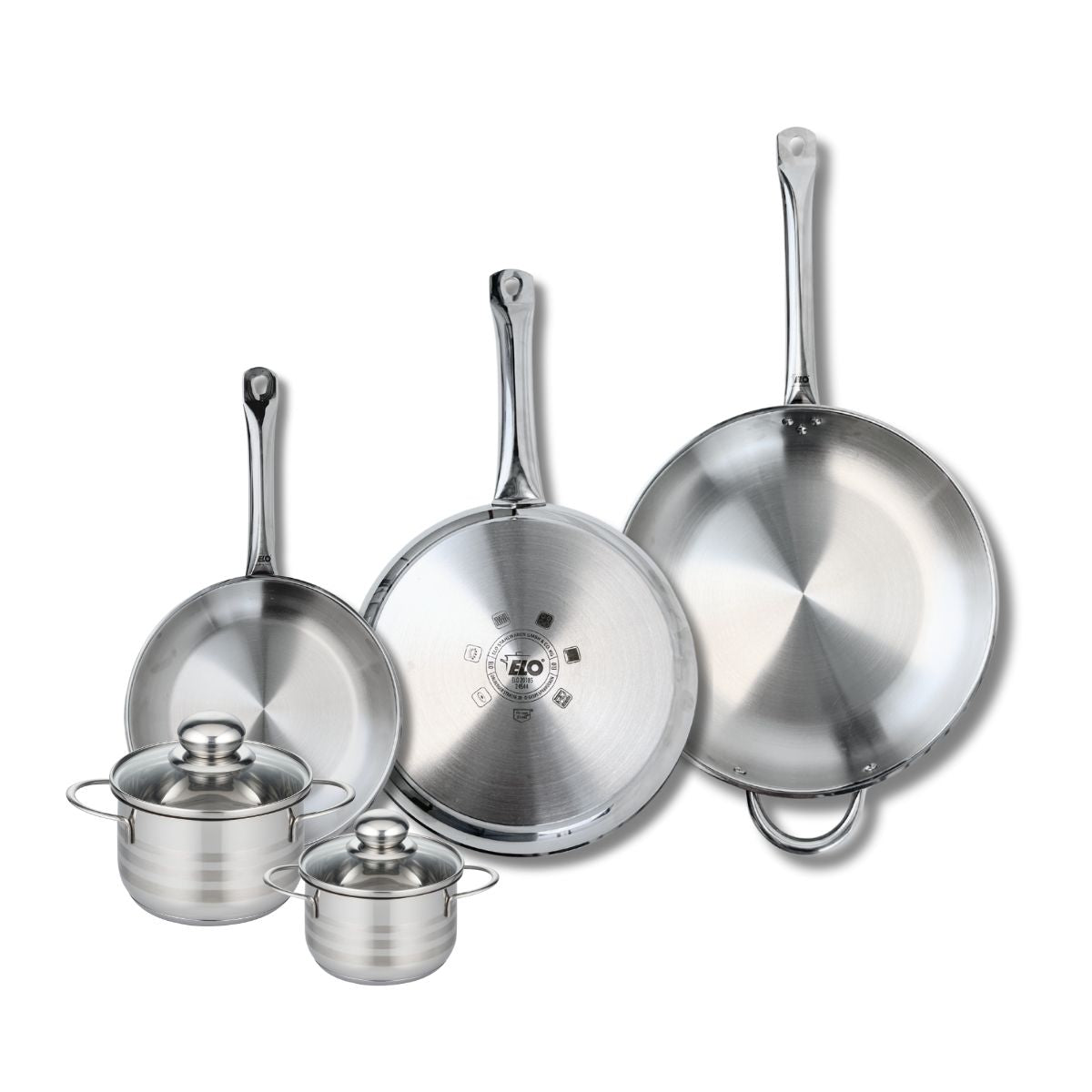 Ensemble de 3 Poêles de cuisson 24, 28 et 32 cm et 2 faitouts 12 et 14 cm Elo Profi Brillant